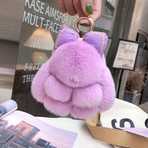 Real Rabbit Fur Pompom Keychain-furry Rabbit W/ Dotted Bow-bag ...
