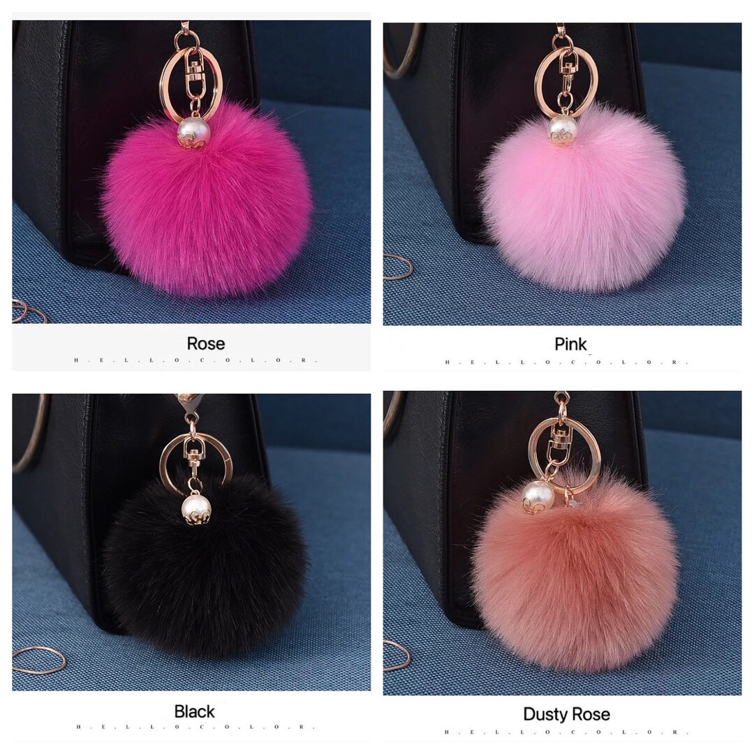 Faux Rabbit Fur Ball Pompom Charm Key Chain Gold Plated Ring Keychain ...
