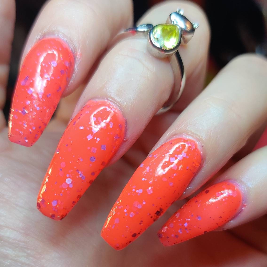 Neon coral with purple holo glitter nail polish | Etsy