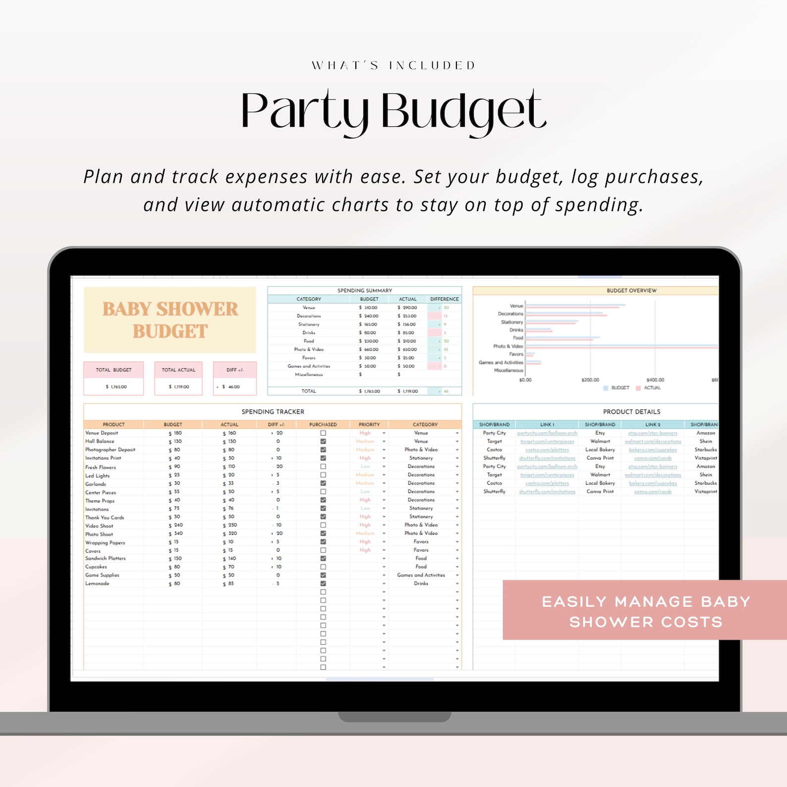 Baby Shower Planner Spreadsheet | Guest List Budget & Gift Tracker ...