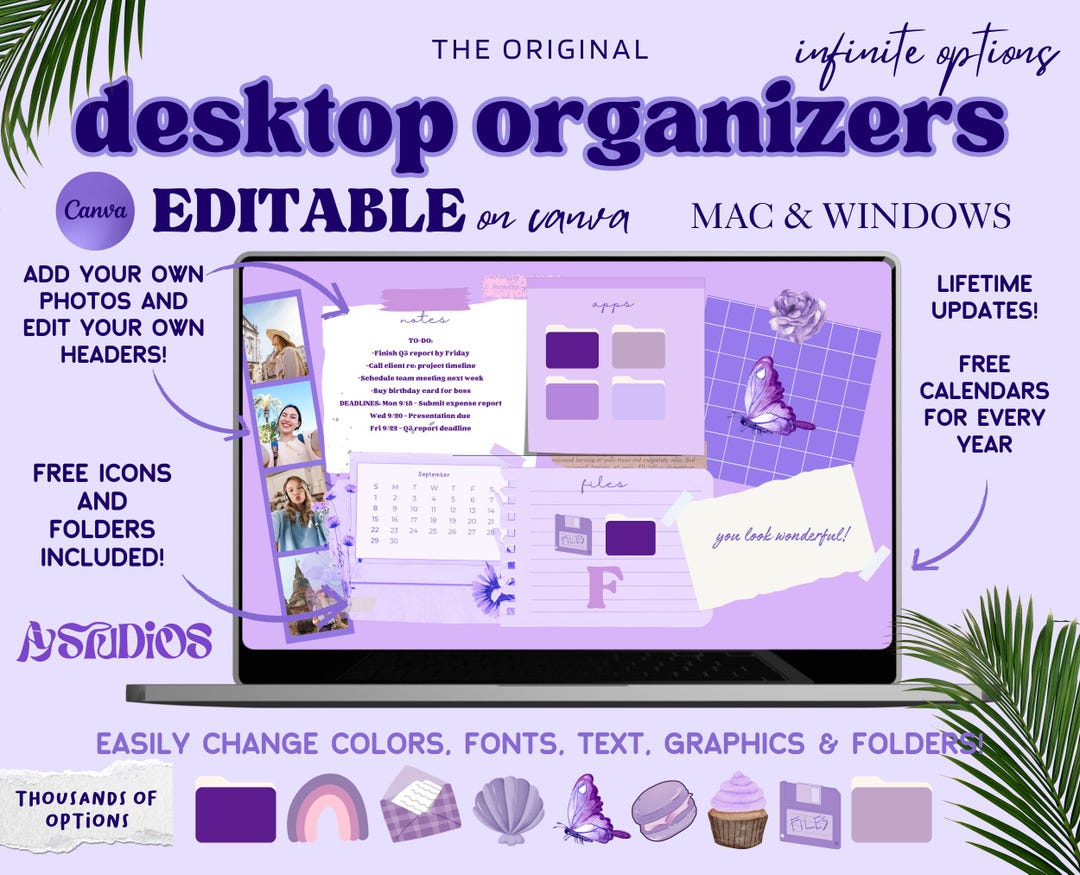 Editable Purple Desktop Organizers | Desktop Wallpapers & Folder Icons ...