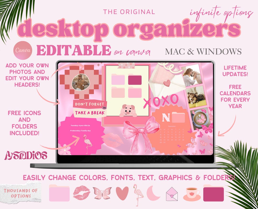 Editable Pink Desktop Organizers | Desktop Wallpapers & Folder Icons ...