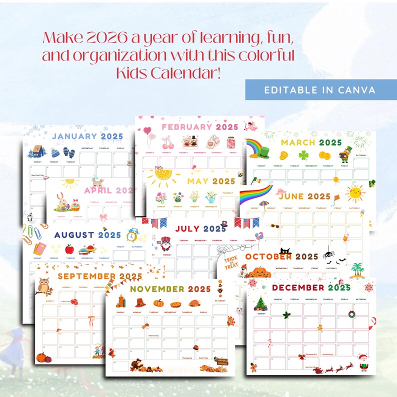 2026 Cute Calendar Printable, Kids Calendar 2026 Templates, Wall ...