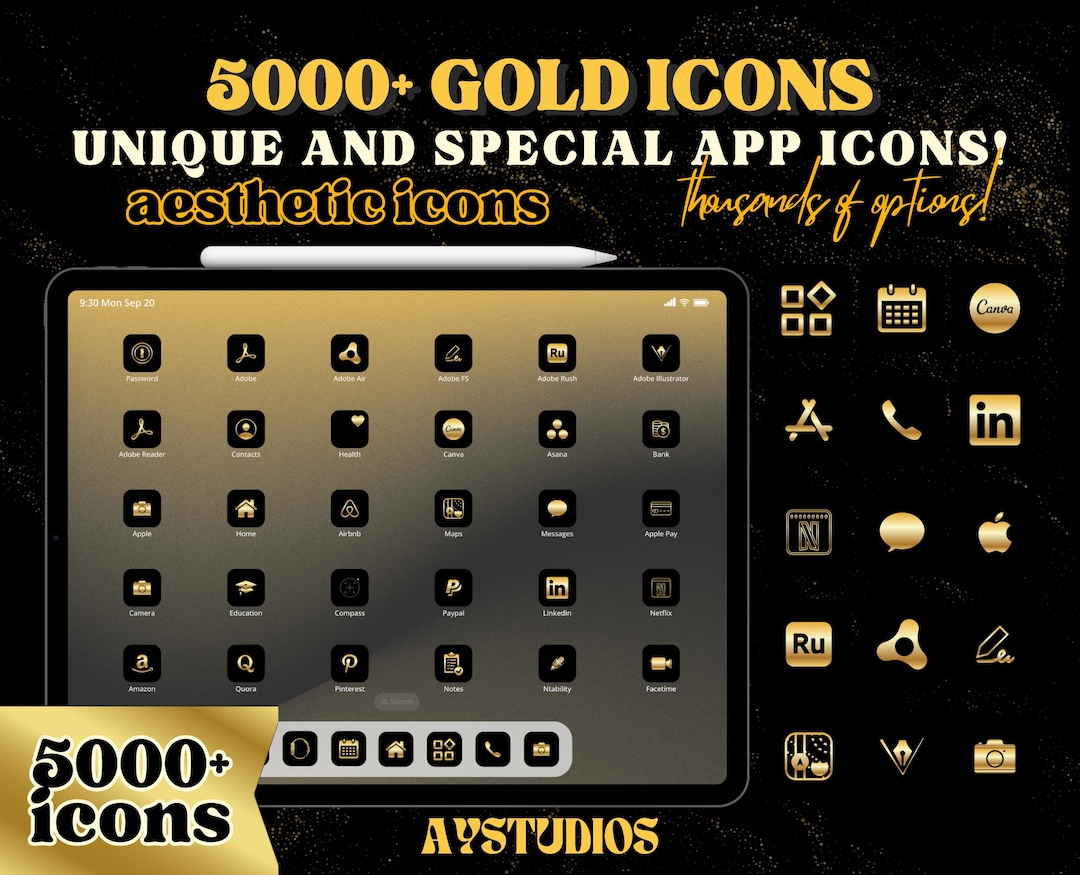 5000+ Gold iPhone Ios 18 App Icons Pack | Gold Icon Aesthetic Black Background | Social Media ...