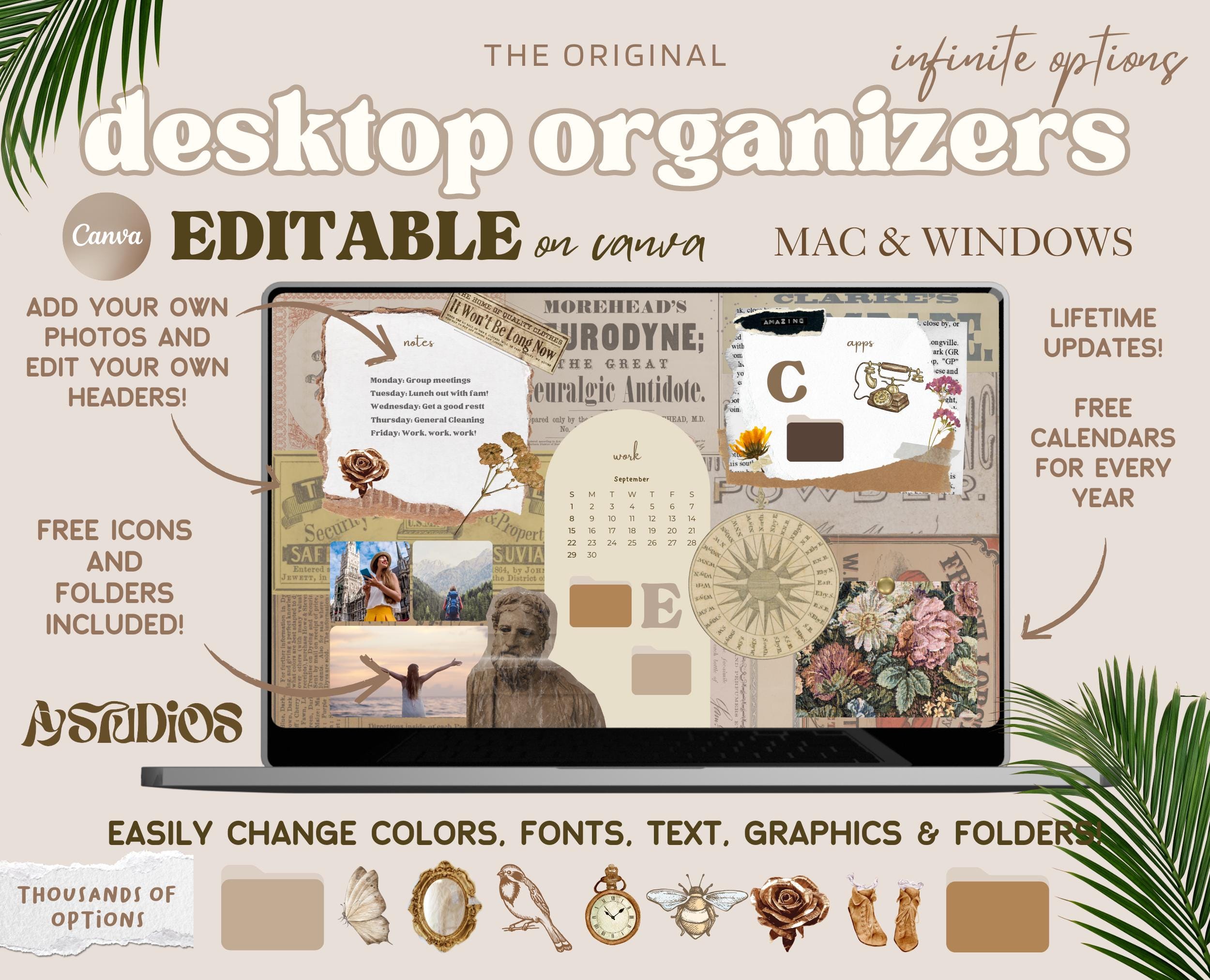 Editable Vintage Desktop Organizers | Desktop Wallpapers & Folder Icons ...