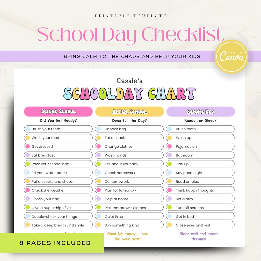 Editable Schoolday Checklist for Kids | Printable Routine Chart | Kids ...