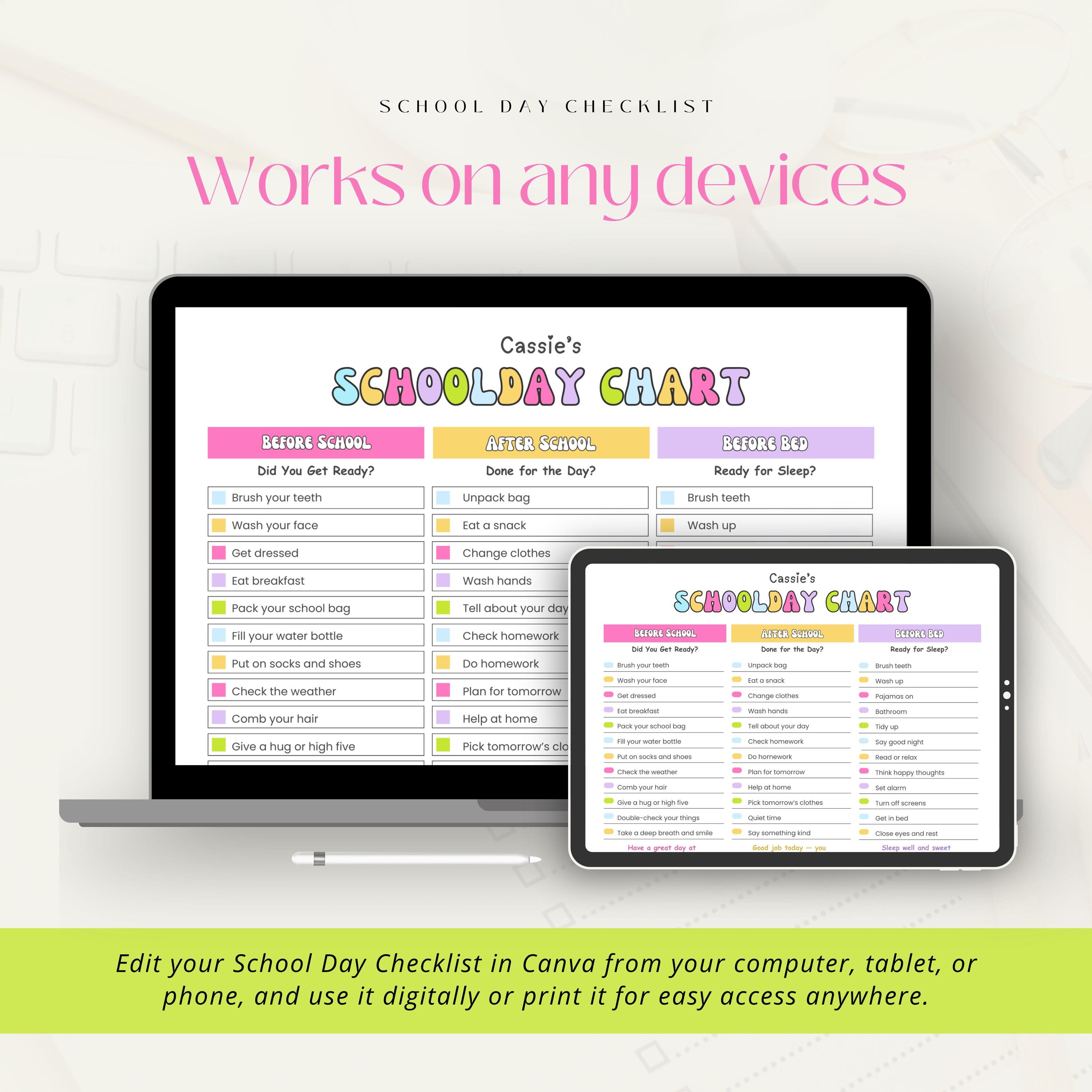Editable Schoolday Checklist for Kids | Printable Routine Chart | Kids ...