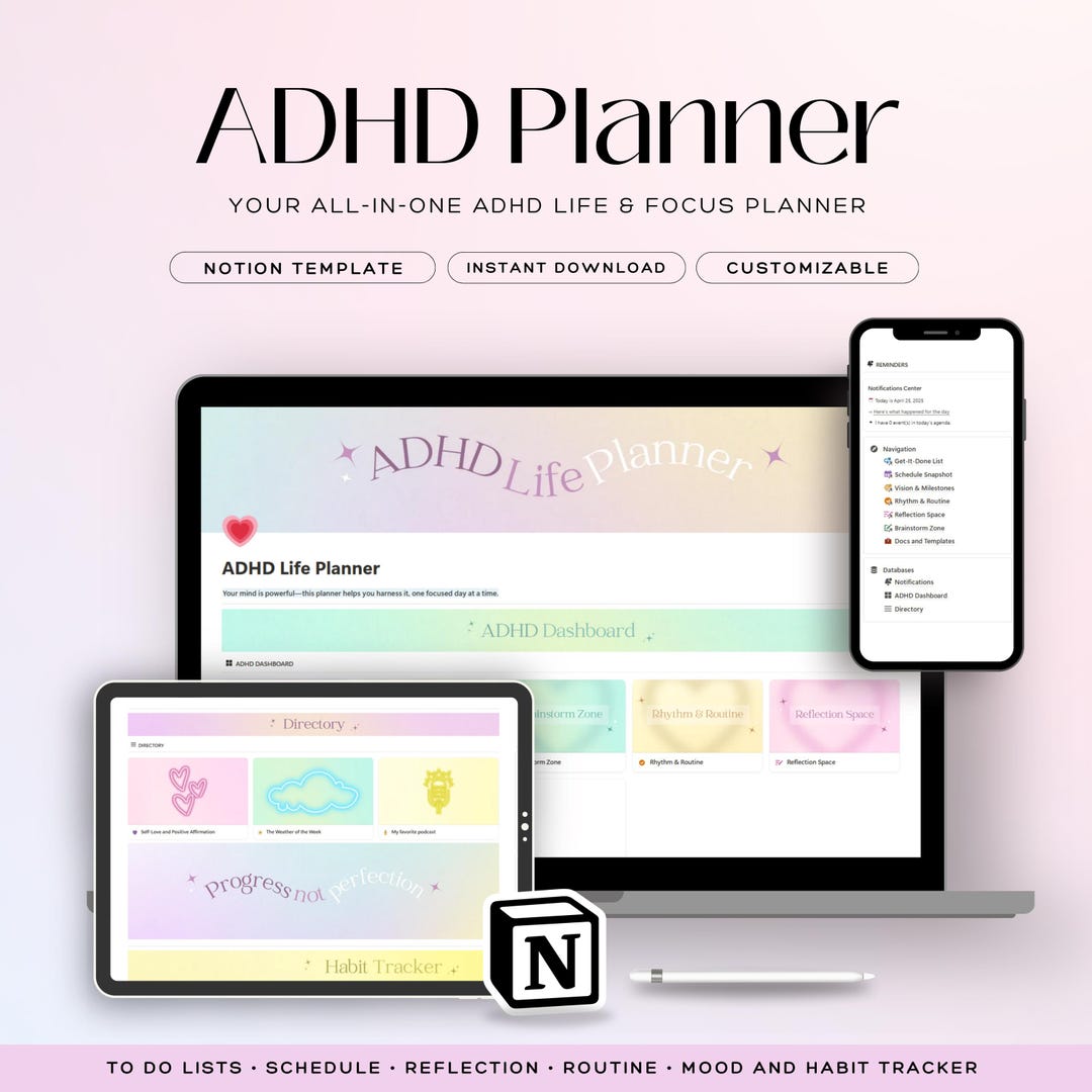 Aesthetic ADHD Notion Life Planner | Vision Board, Routines, Brain ...