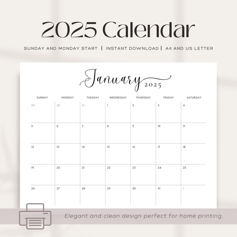 Minimal Printable 2025 Monthly Calendar | Minimalist Design | Sunday ...