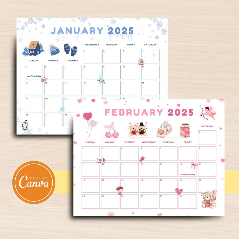 2025 Cute Calendar Printable, Kids Calendar 2025 Templates, Wall ...