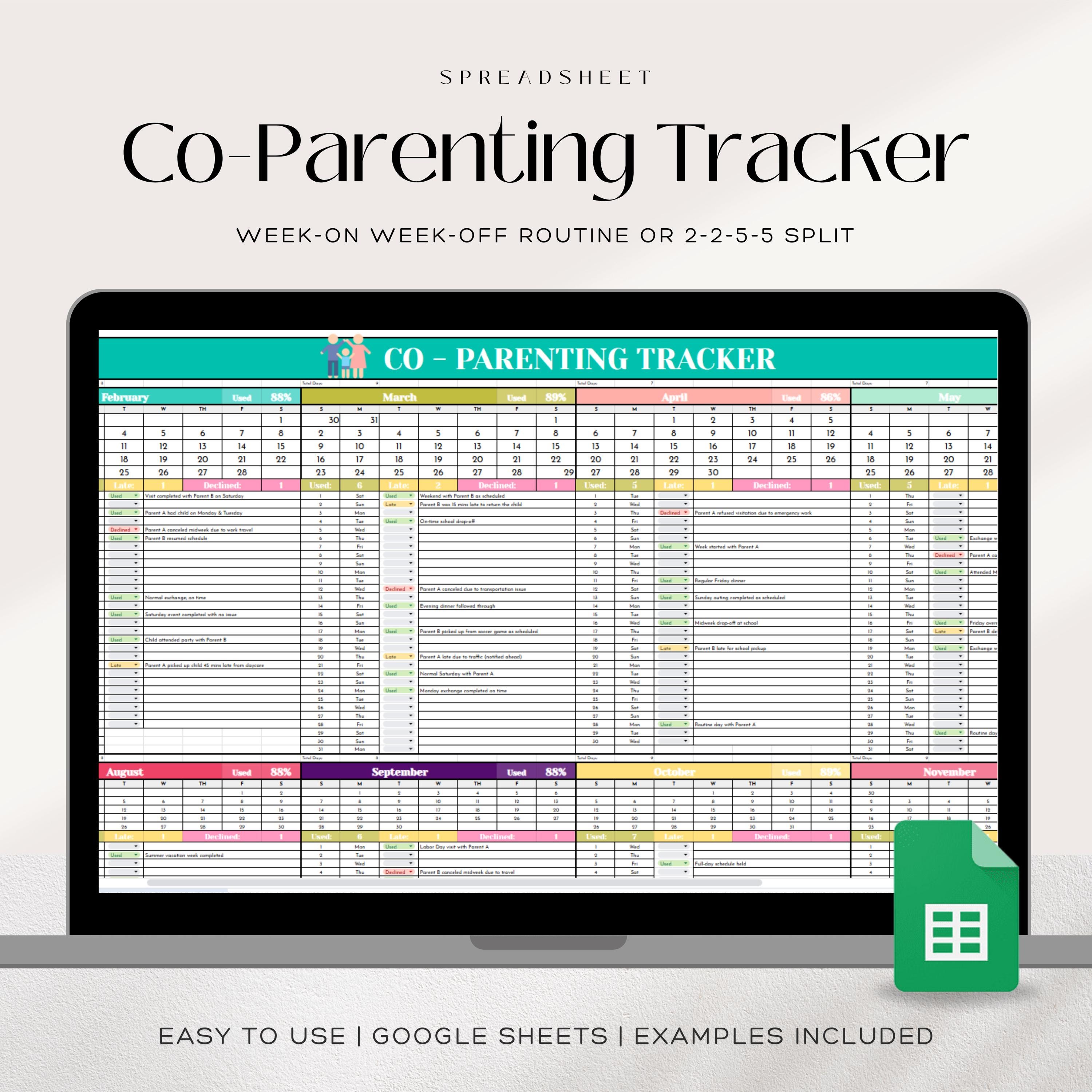 Co-parenting Tracker Google Sheets | Custody Calendar, 2-2-5-5 & WOWO ...