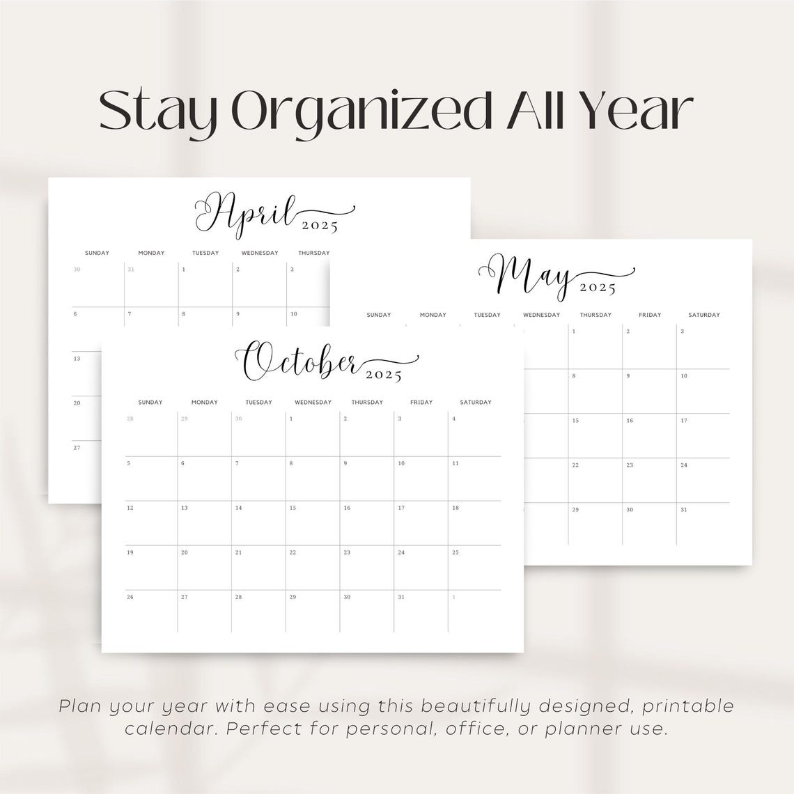 Minimal Printable 2025 Monthly Calendar | Minimalist Design | Sunday ...