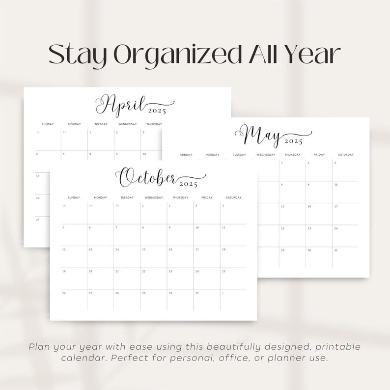 Minimal Printable 2025 Monthly Calendar | Minimalist Design | Sunday ...