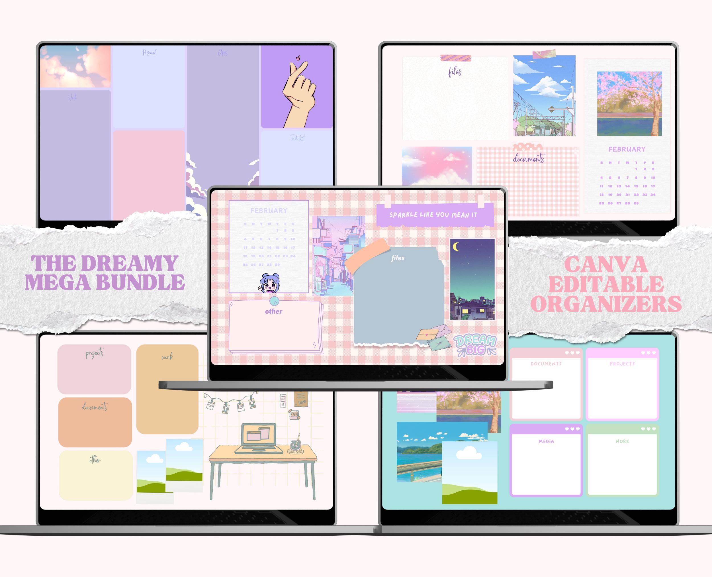Editable Dreamy Pastel Desktop Organizers | Wallpapers & Folder Icons ...