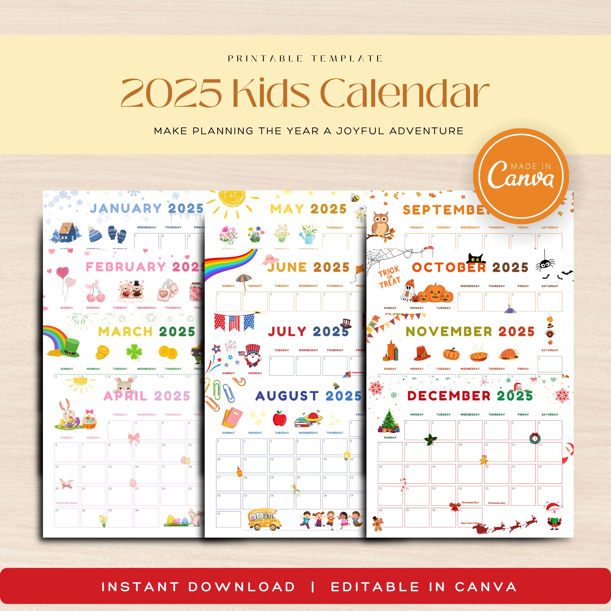 2025 Cute Calendar Printable, Kids Calendar 2025 Templates, Wall ...