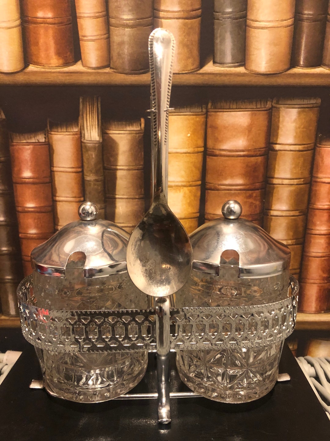 Reims France Pressed Glass Preserve Jars/condiment Set and Mayell Spoon ...