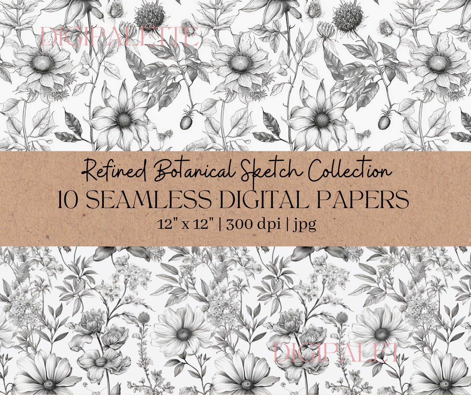 Botanical Monotone Seamless Digital Paper Floral Patterns Black and ...
