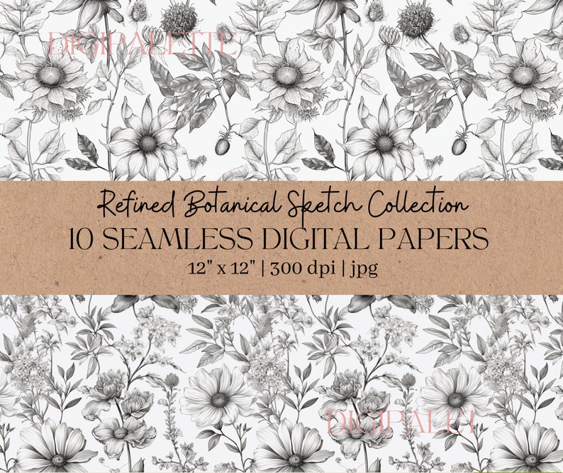 Botanical Monotone Seamless Digital Paper Floral Patterns Black and ...