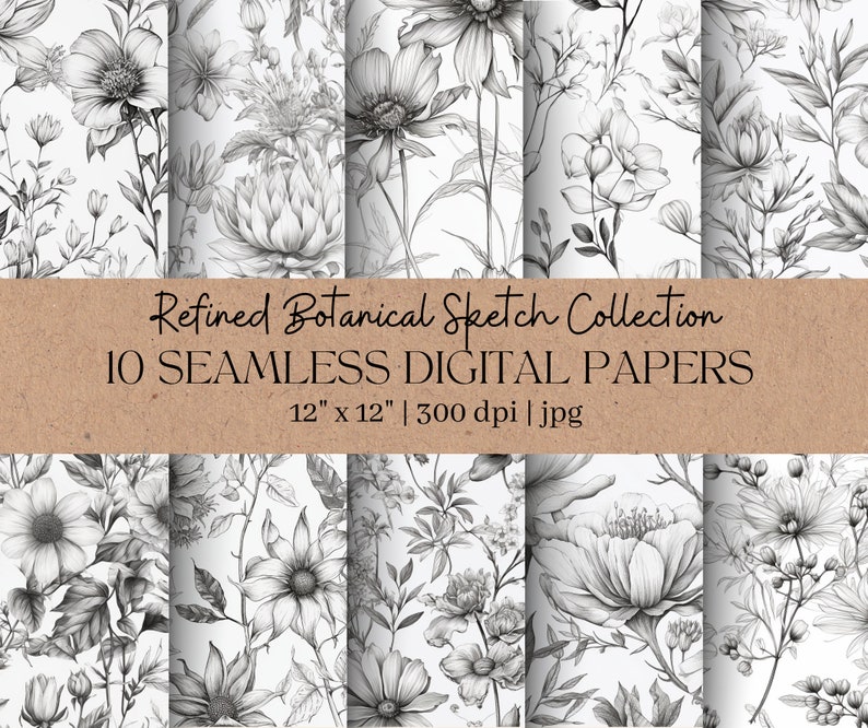 Botanical Monotone Seamless Digital Paper Floral Patterns Black and ...