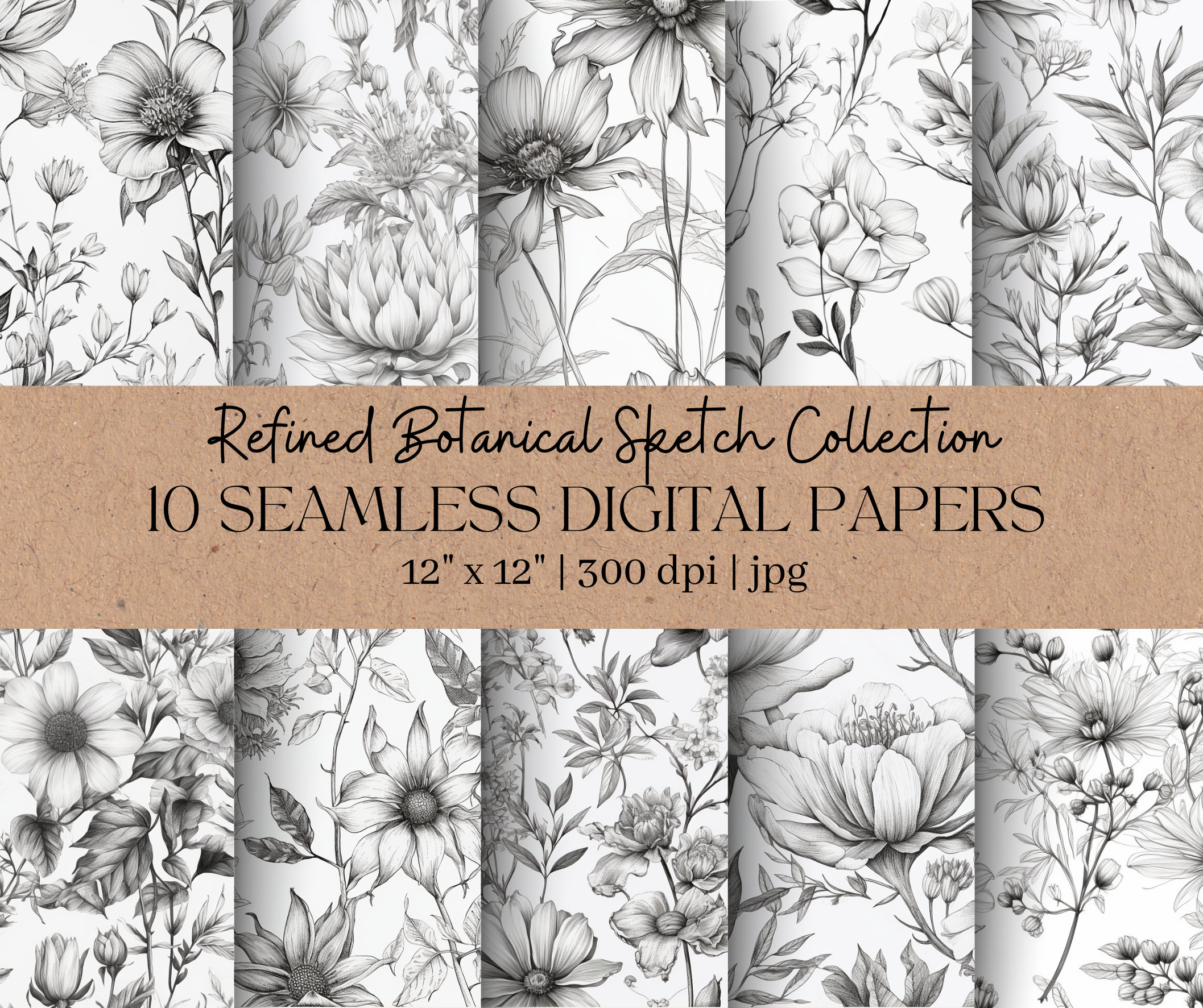 Botanical Monotone Seamless Digital Paper Floral Patterns Black and ...