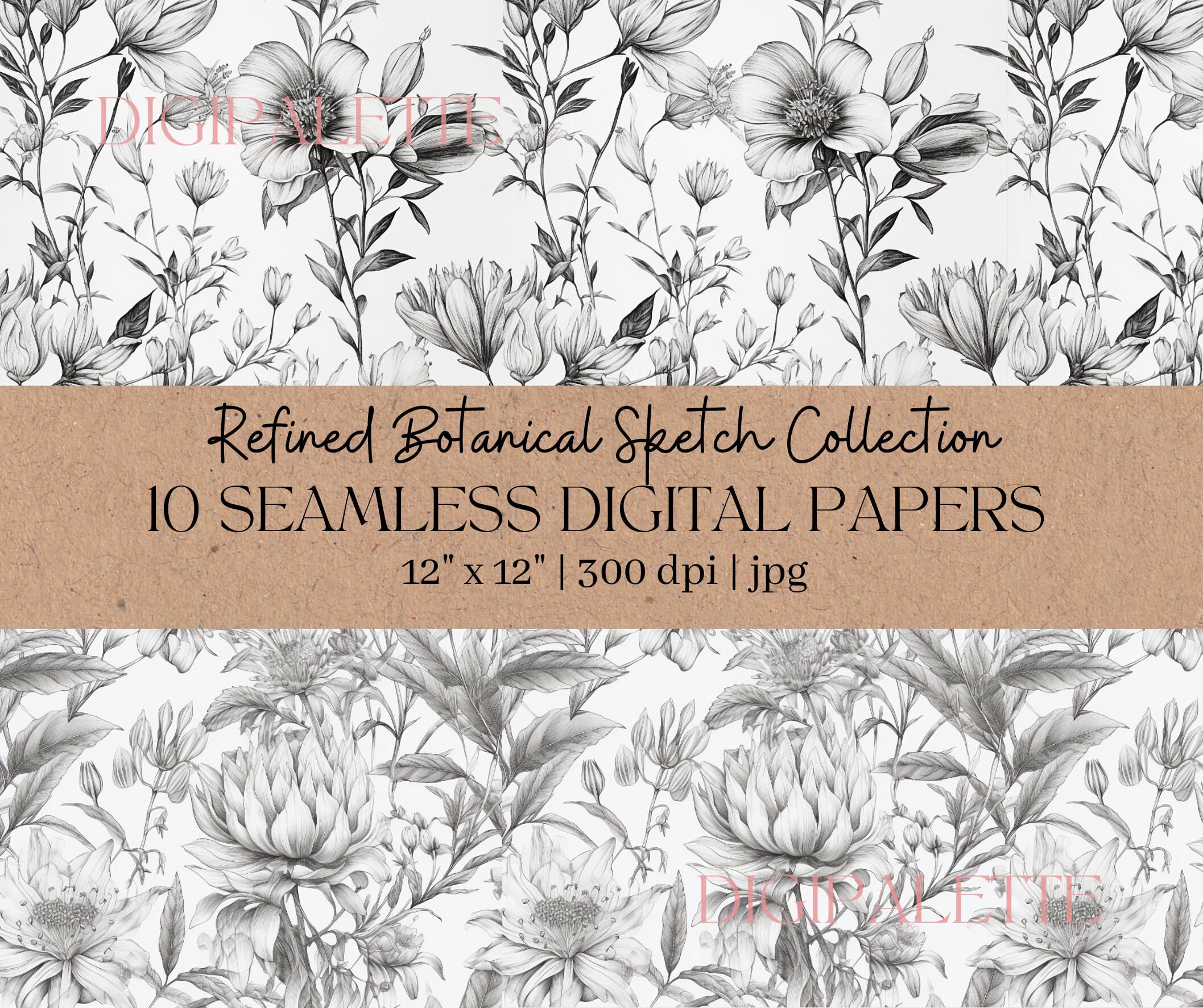 Botanical Monotone Seamless Digital Paper Floral Patterns Black and ...