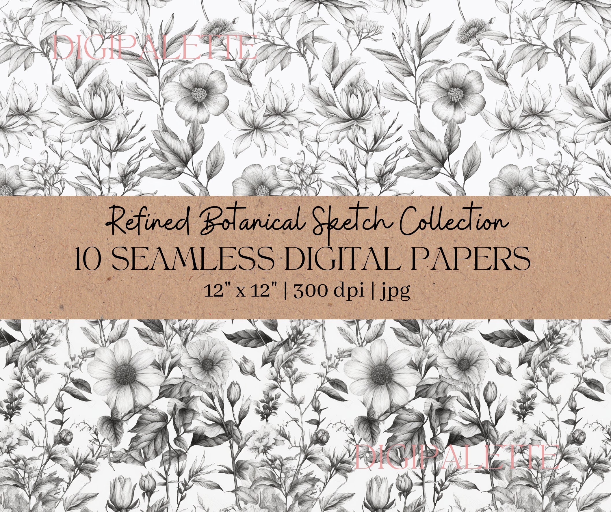 Botanical Monotone Seamless Digital Paper Floral Patterns Black and ...