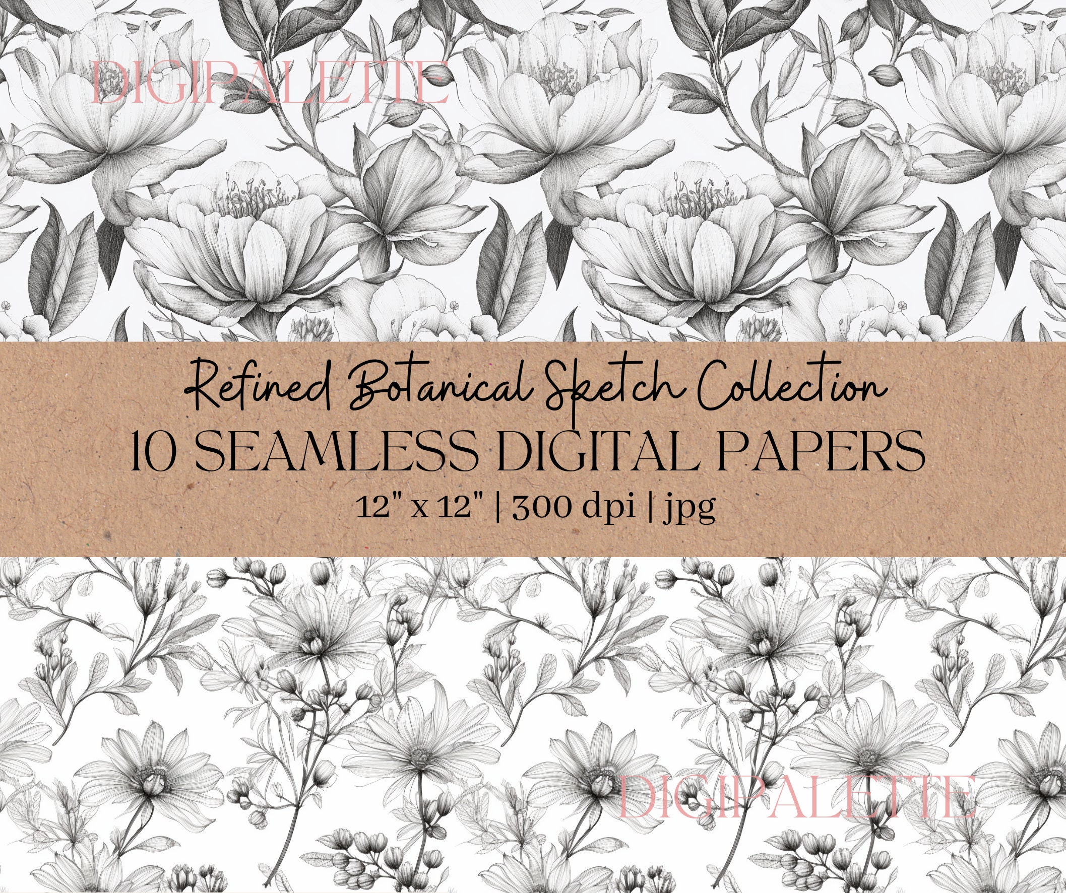 Botanical Monotone Seamless Digital Paper Floral Patterns Black and ...