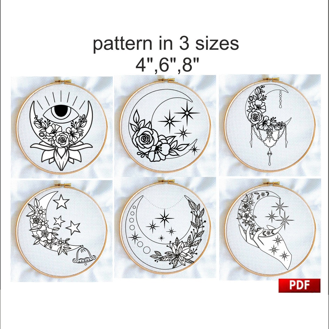 Celestial Moon Embroidery Patterns - Floral Half Moon Patterns ...