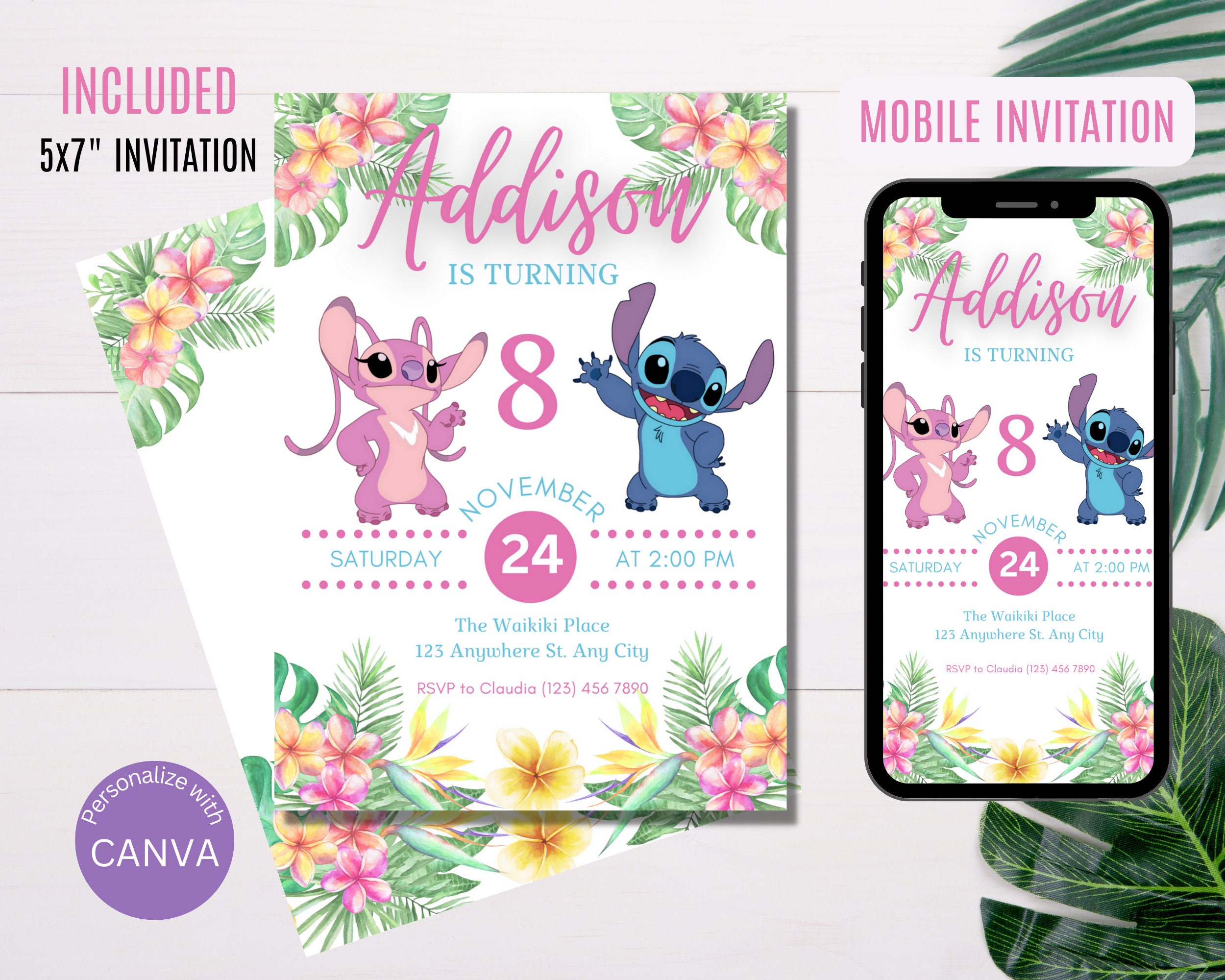 STITCH & ANGEL Birthday Invitation | Girl Birthday Party Invitations ...