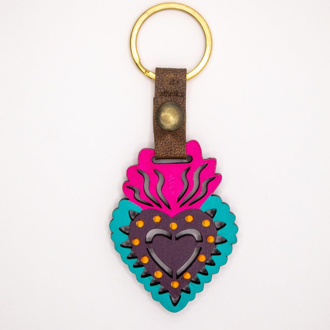 Mexican Folk Art, Sacred Heart Key Ring, Heart Key Ring, Hand Painted ...