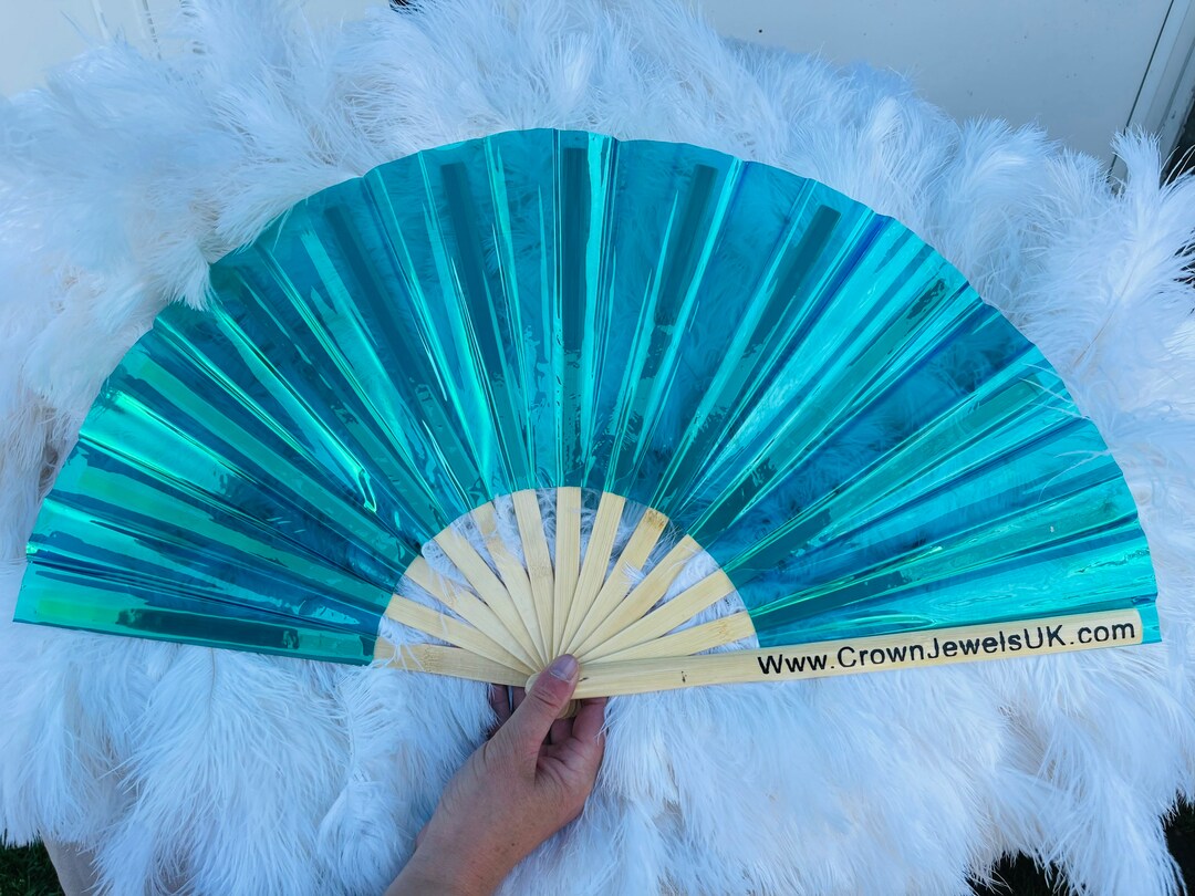 Iridescent Teal Fan, Drag Queen Bamboo Hand Fan, Fans, Clack Fan, Loud ...