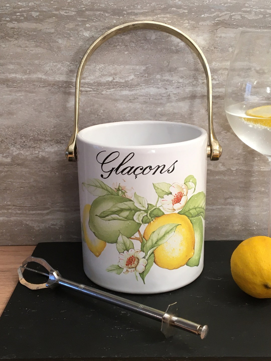 Vintage Ceramic Ice Bucket, Ice Grabber, French Ice Cube Holder, Tongs ...