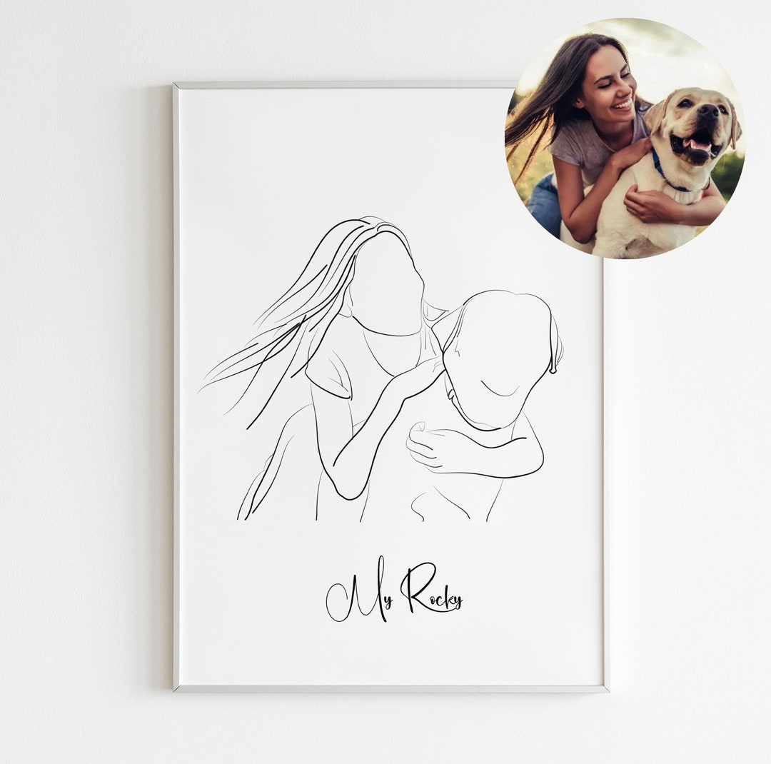 Minimalist Faceless Pet Portrait Drawing, Women Faceless Line Art ...