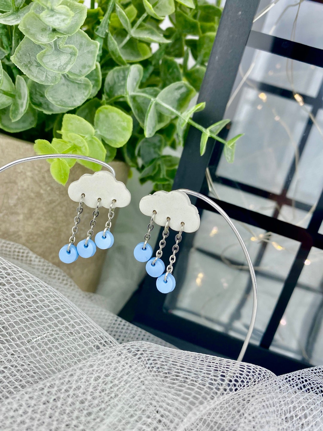 Rain Cloud With Chain Earrings | Hypoallergenic Polymer Clay Stud ...