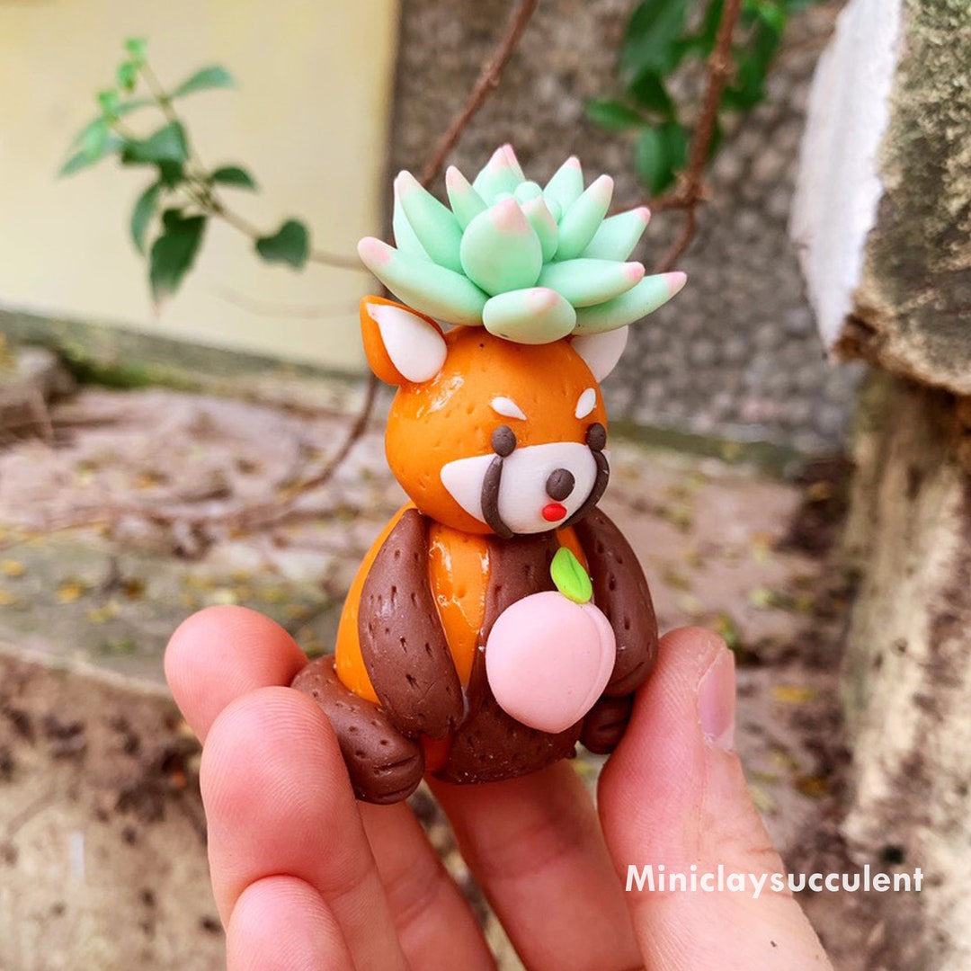 Miniature Red Panda Toy, Handmade Clay Red Panda Figurines, Peach Lover ...