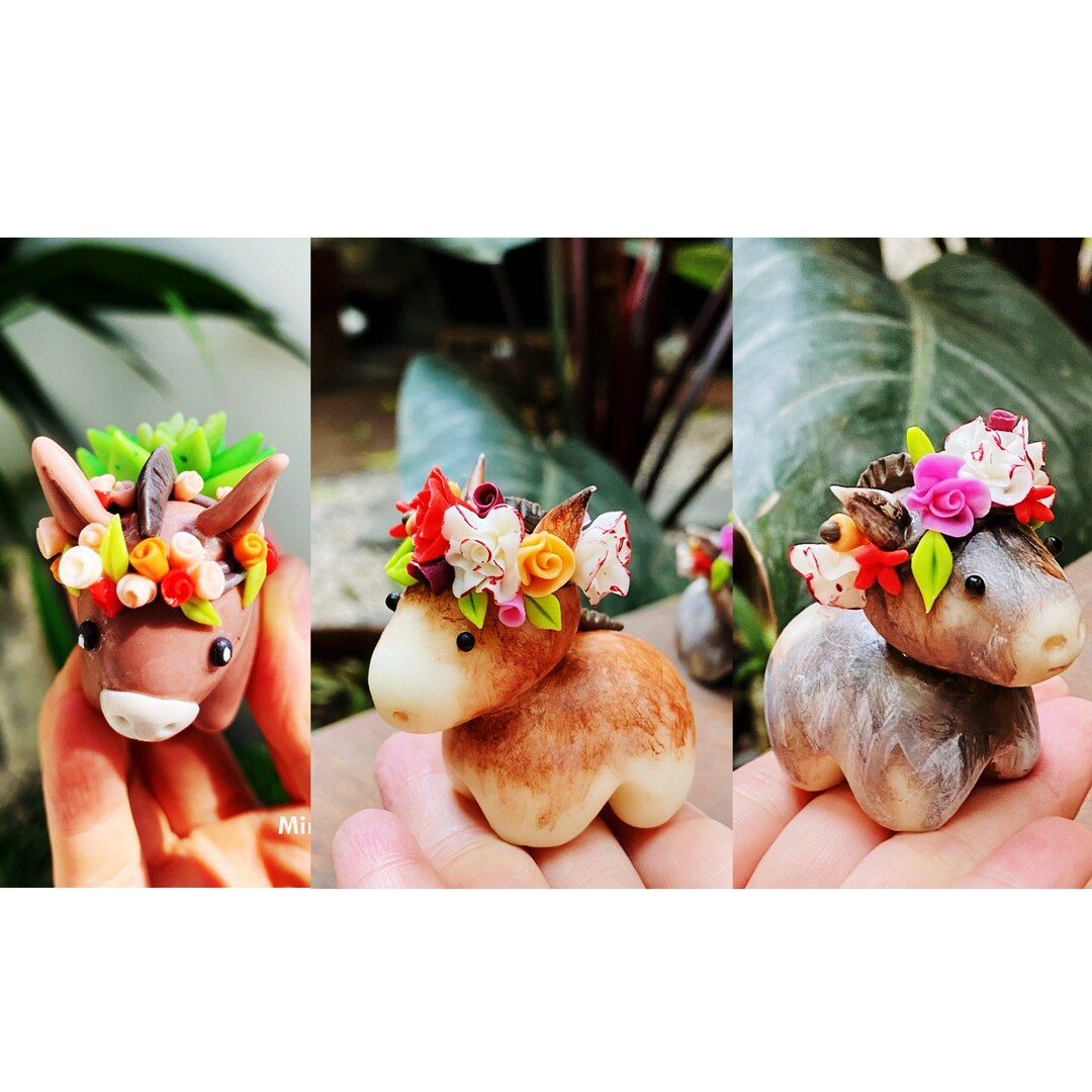 Handmade Clay Donkey Toy, Baby Donkey Flowers Art, Donkey Gifts for Her ...