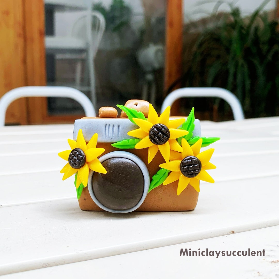 Camera Sunflower Gifts, Vintage Camera Art, Handmade Clay Camera Floral ...
