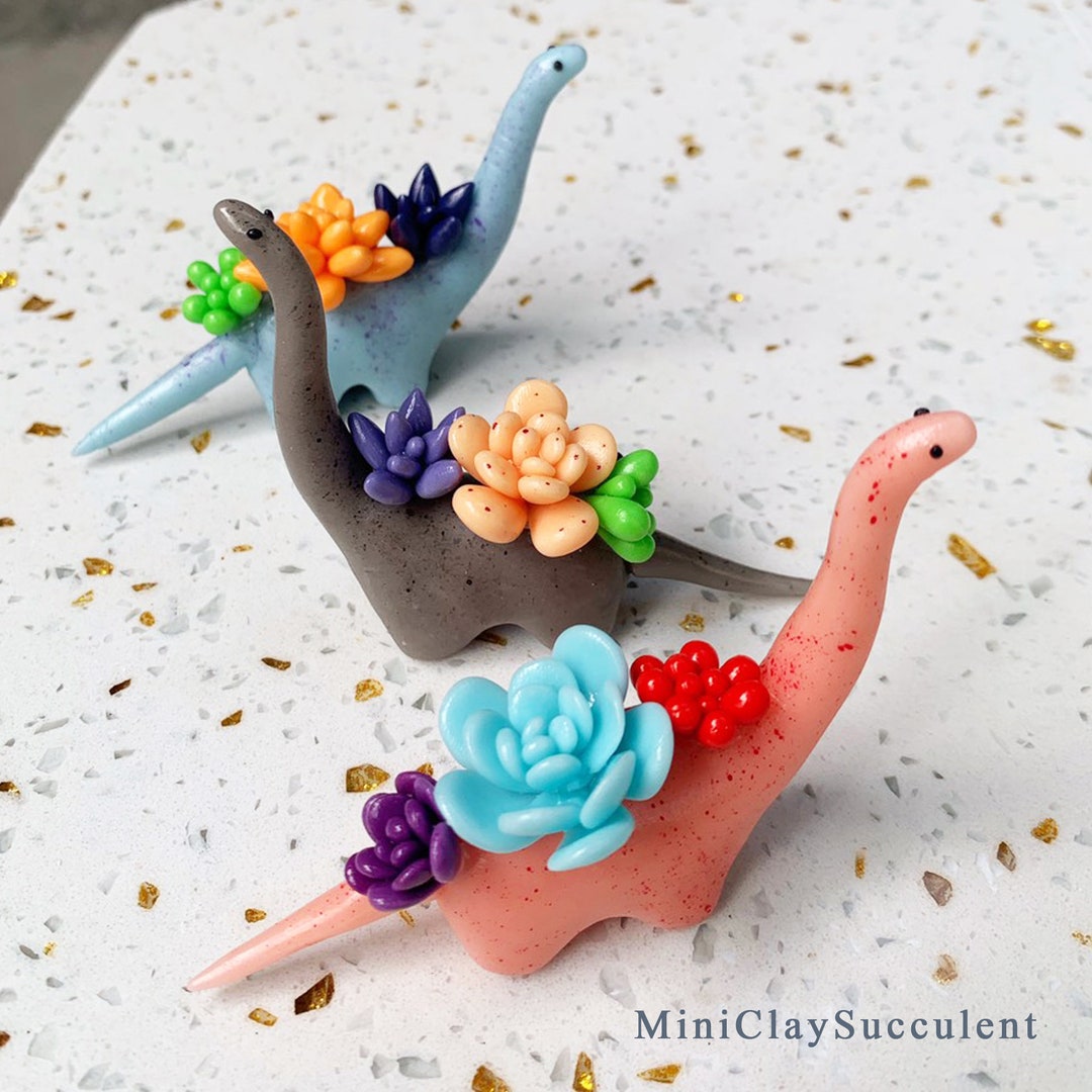 Miniature Dinosaur Succulent, Handmade Dinosaur Statue, Clay Blue ...