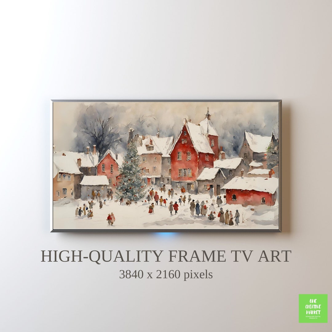 Winter Village With a Christmas Tree Frame TV Art, Watercolor Painting ...