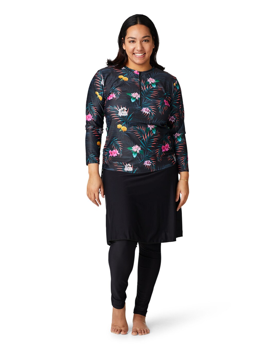 Flowering Zip Swim Top With Black Skirt With Inbuilt Legging SPF50+ - Etsy