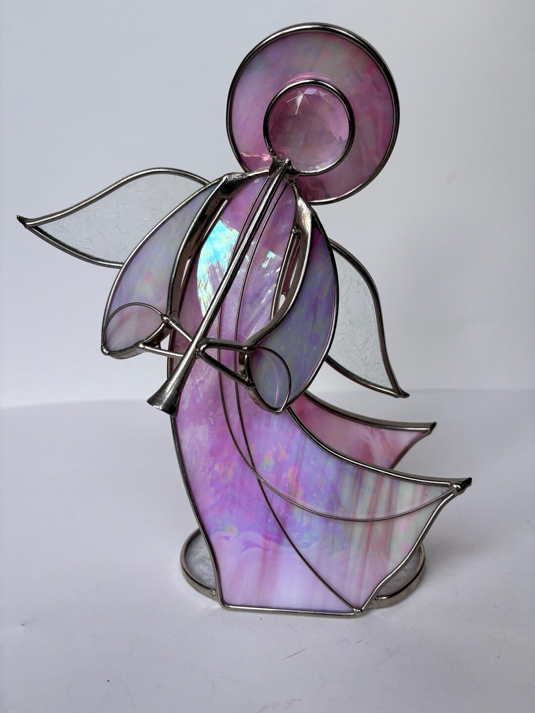 Handcrafted Stained Glass Angel Figurine – Iridescent Pink & Clear ...