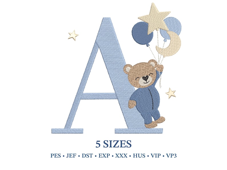 Monogram A Teddy Bear With Balloons Baby Boy Embroidery Design ...
