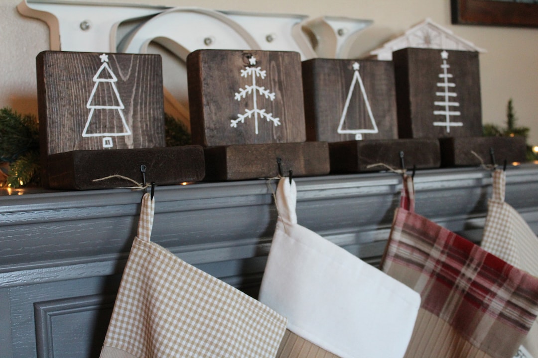 Hand Painted Wooden Tree Stocking Hangers Christmas Stocking Holders ...