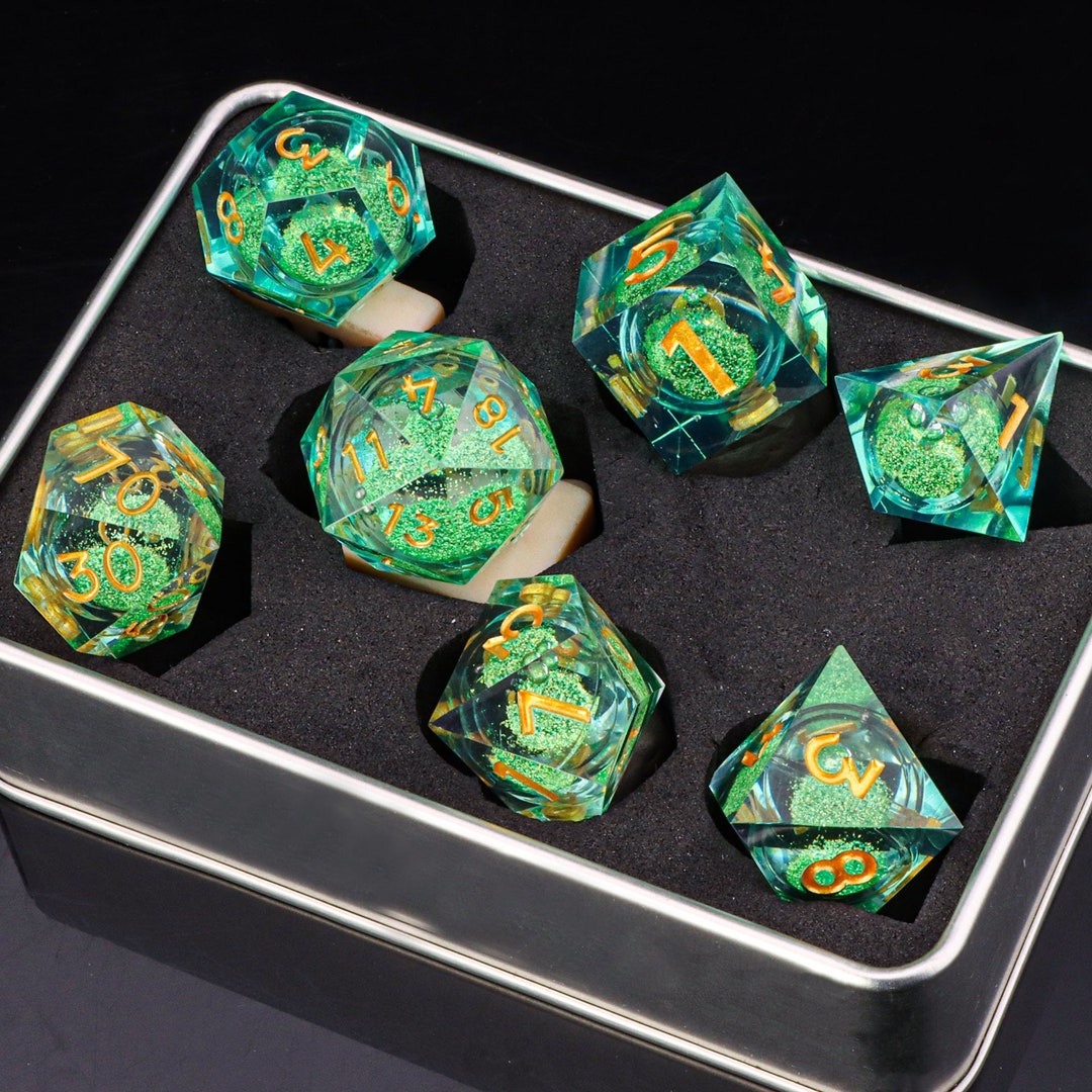 Green Liquid Core Dice DND Set, Custom D&D Dice Set, Resin Sharp Edge ...