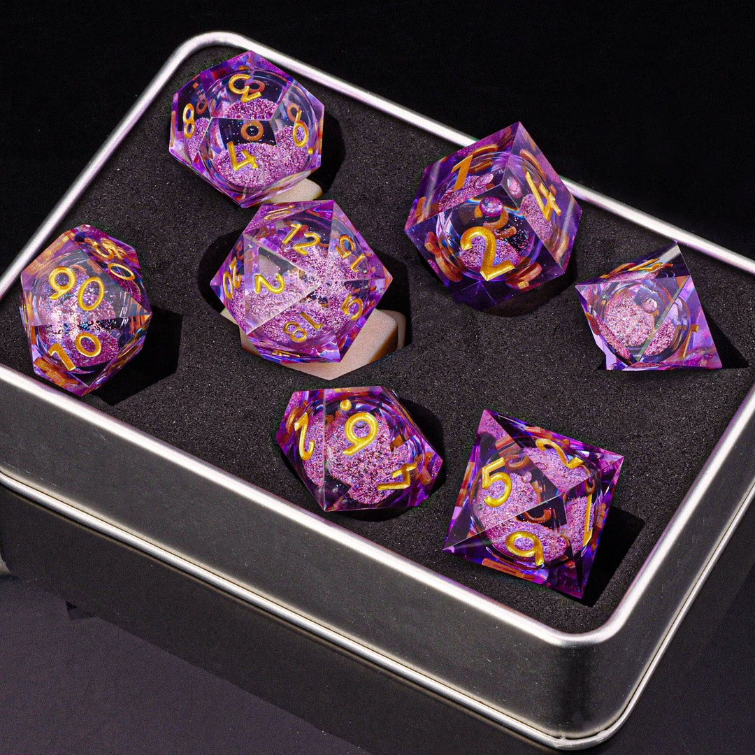 Purple Liquid Core Dice DND Set, Custom D&D Dice Set, Resin Sharp Edge ...