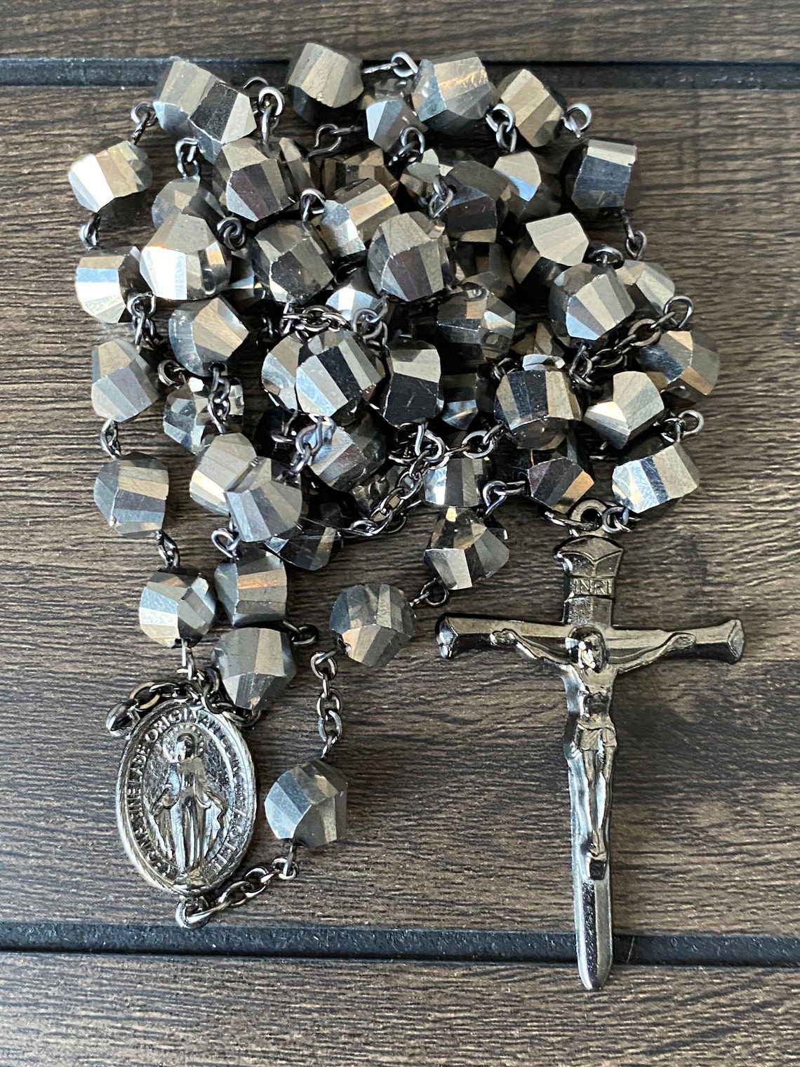 Platinum Rosary in Gun Metal With Nail Crucifix - Etsy Sweden