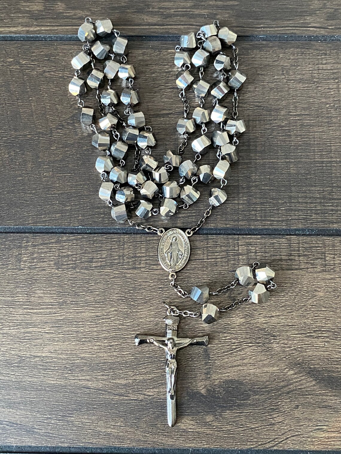 Platinum Rosary in Gun Metal With Nail Crucifix - Etsy Sweden