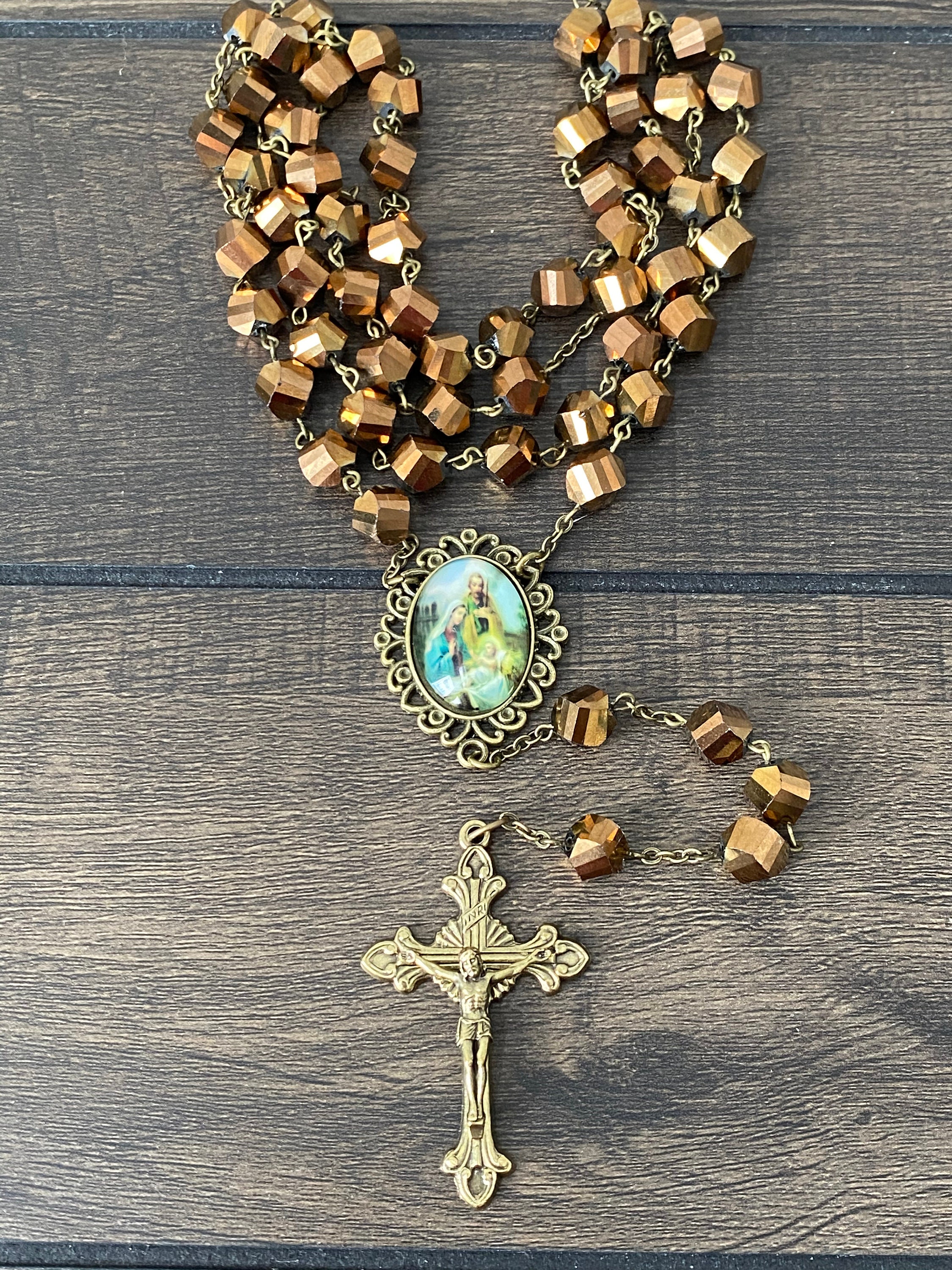 Copper Glass Rosary With Holy Family Centerpiece - Etsy