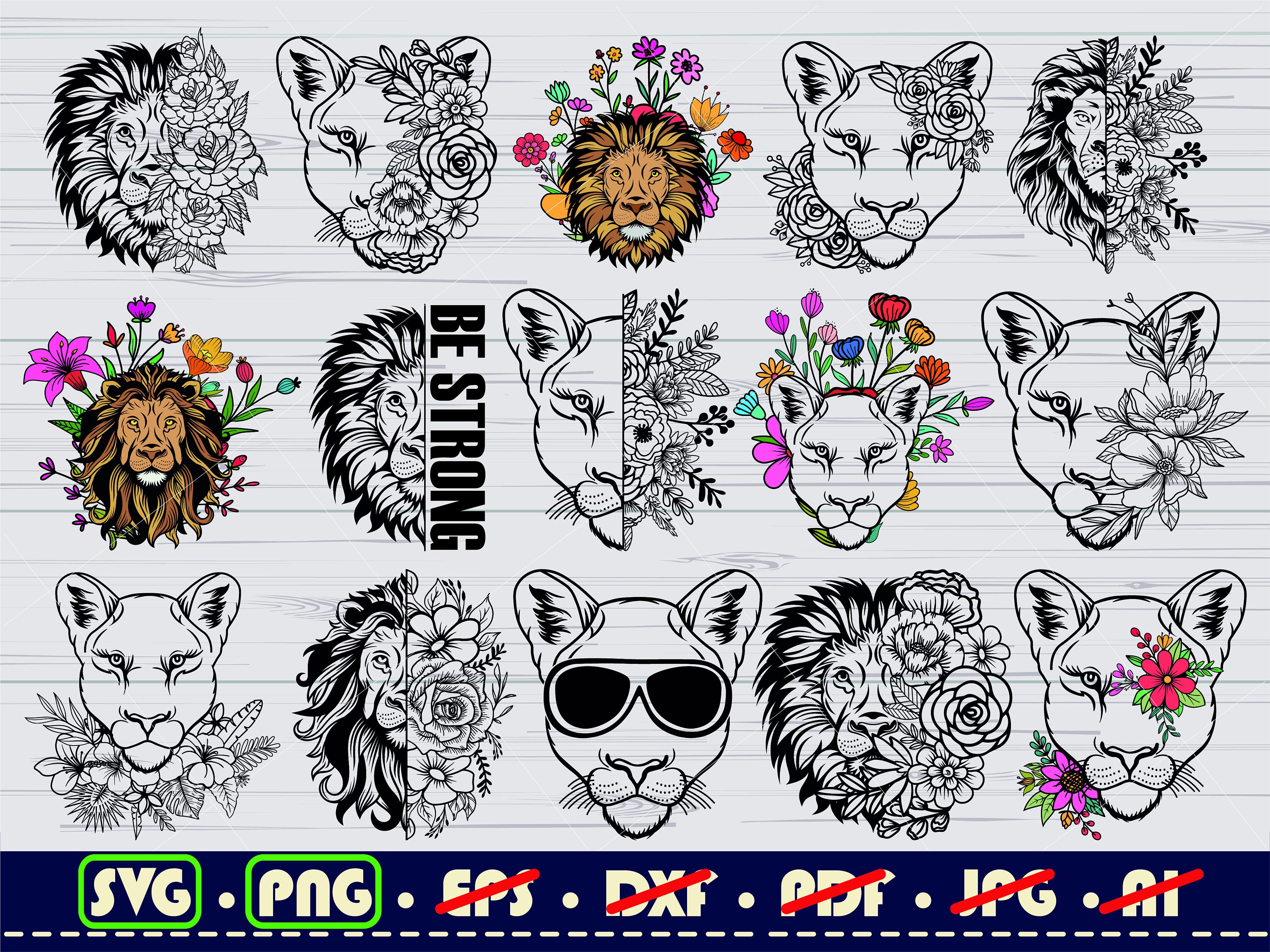 Lion SVG File 1 Lion With Flowers SVG King Lion Svg Half - Etsy UK