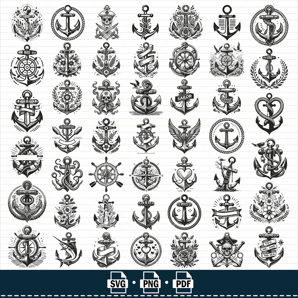 Floral Anchor SVG Bundle: Nautical Clipart, Cricut Silhouette Cut Files ...